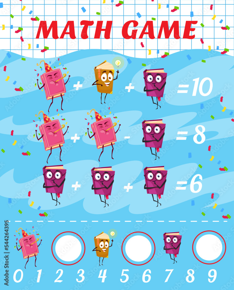 Cartoon bestseller books and textbooks characters, math game worksheet ...