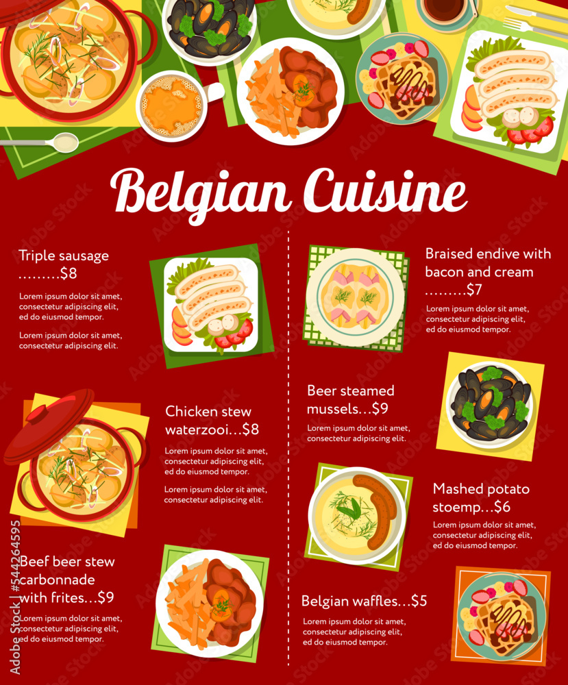 Belgian cuisine menu, food dishes and lunch or dinner meals, vector ...