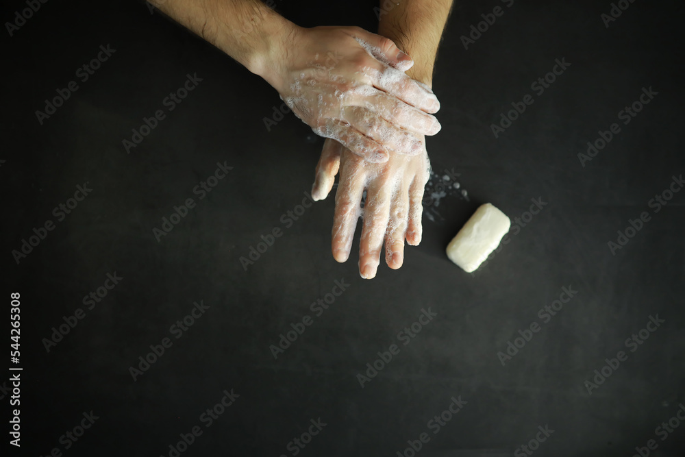 Bare hands in soapy foam. Hand hygiene. Wash your hands. Disinfection ...