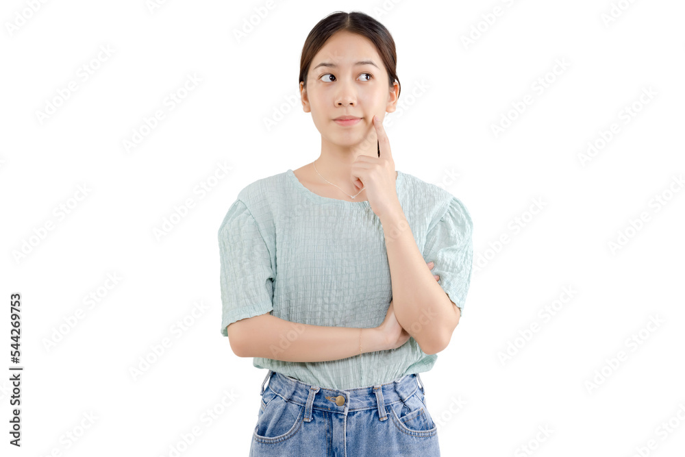 Beautiful young Asian girl thinking and looking upwards. The concept of ...