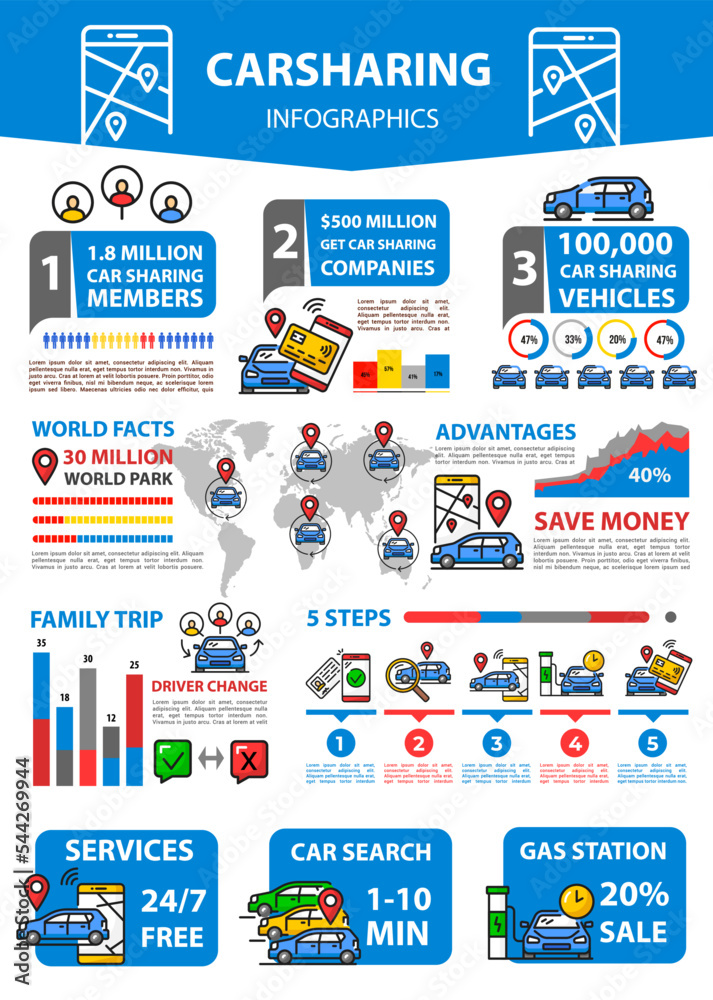 Car sharing service infographics. Auto taxi trip scheme or infographics ...