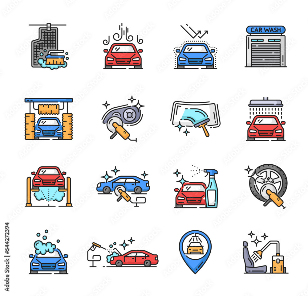 Car care icons, car wash and clean service, auto workshop vector ...