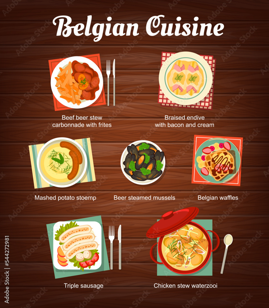 Belgian cuisine menu with food, lunch and dinner meals, vector ...
