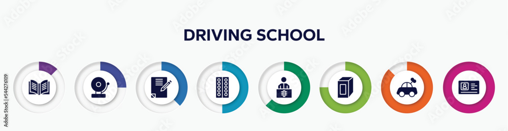 infographic element with driving school filled icons. included yearbook ...