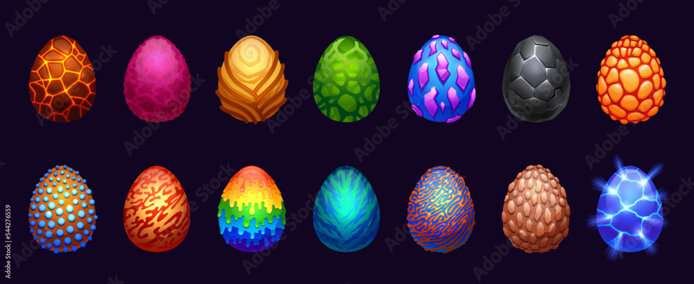 Cartoon fantasy eggs. Magic dragon reptile eggshell for game asset ...