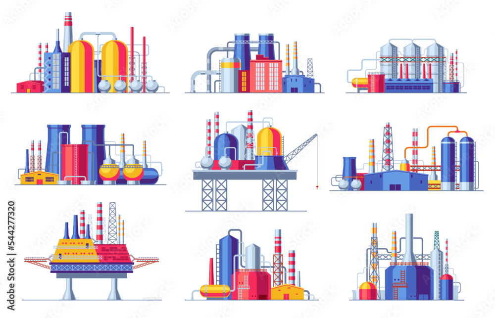 Oil industry constructions set. Petrochemical industrial buildings oil ...