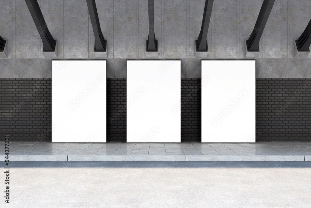 Front view on three blank white posters with place for your logo or ...