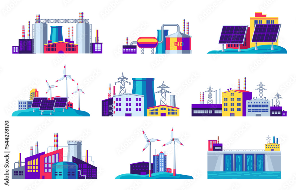 Green power plants. Factory buildings of electricity energy generation ...