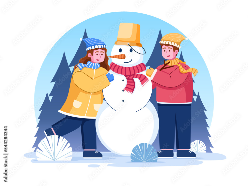 Happy boy and girl making a snowman together. Children make a snowman ...