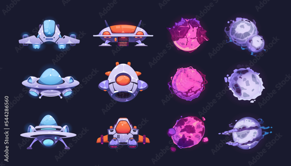 Vetor de Fantasy planets and ships. Cartoon neon spaceship and cosmic ...