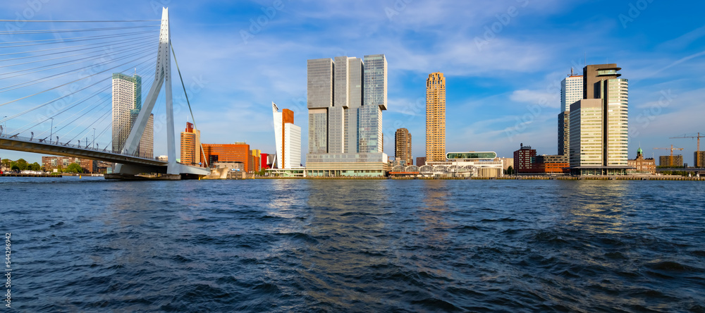 Rotterdam waterfront panorama with “Erasmus-Bridge“ over river Nieuwe ...