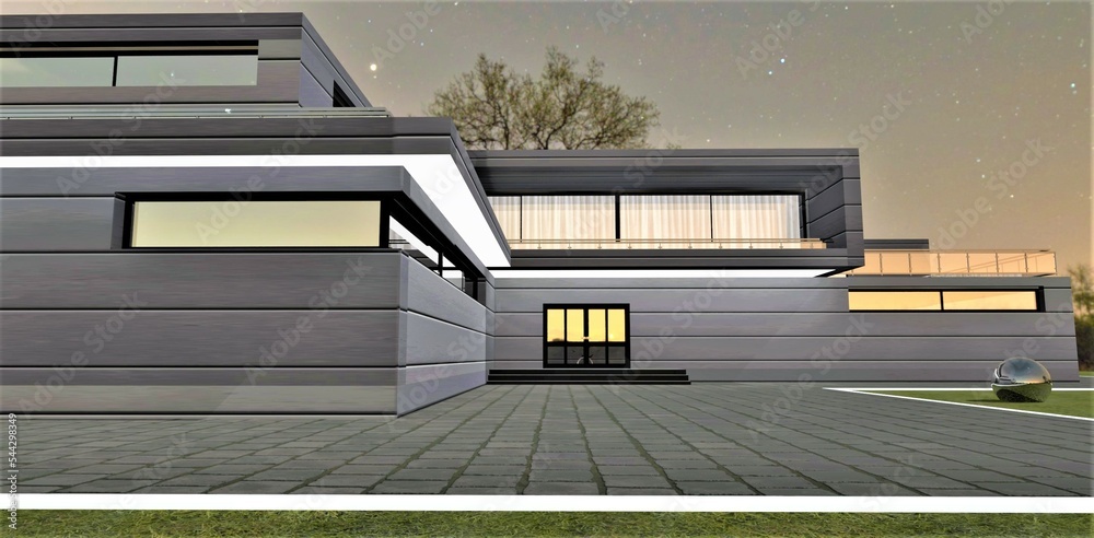 Cobbled area of gray stone slabs bordered by a white luminous white ...