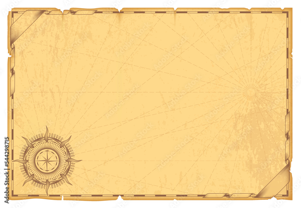 An old navigation map on yellow parchment with torn edges. Intertwining ...