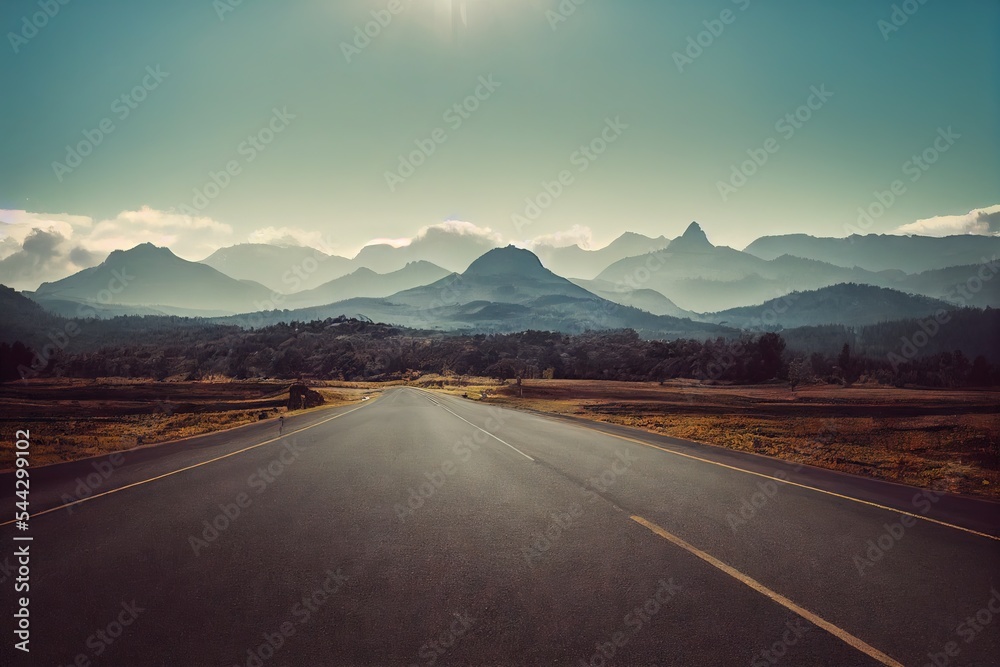 Asphalt road in mountain wilderness landscape panoramic view. Driveway ...