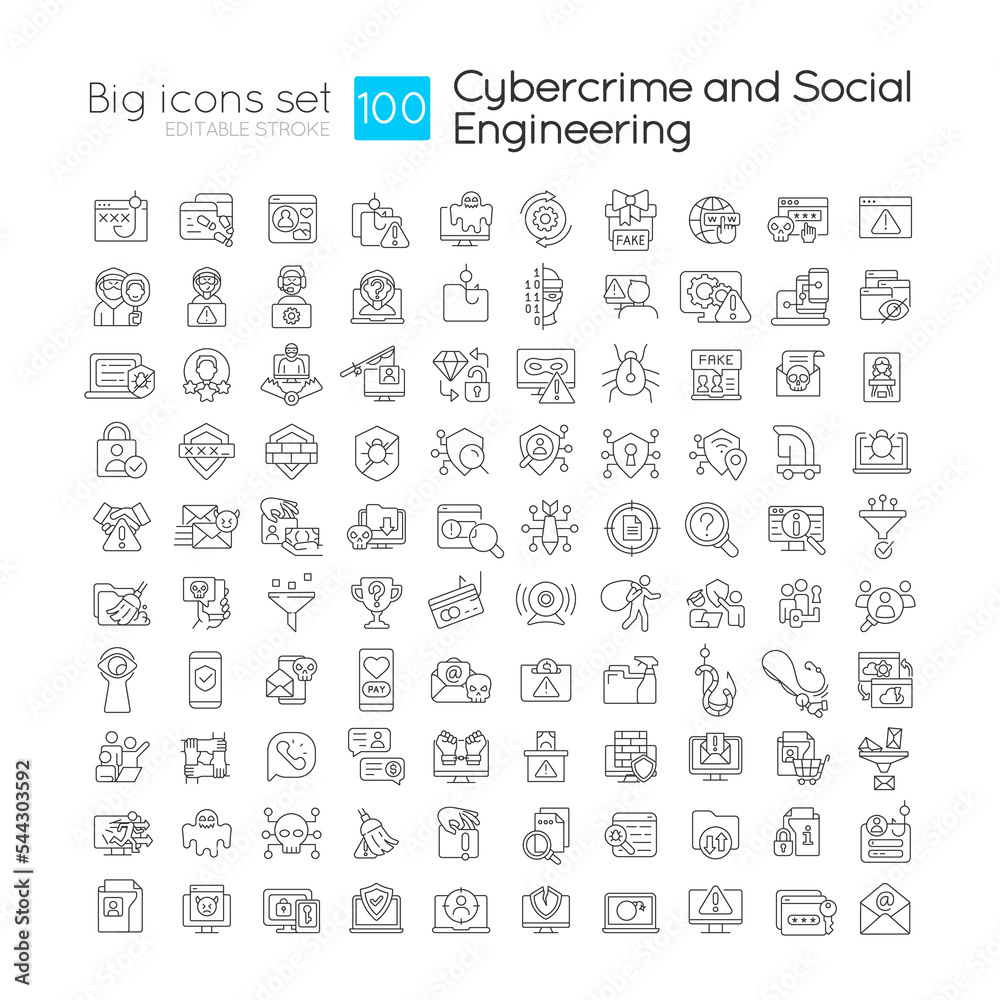 Cybercrime and social engineering attack linear icons set. Internet ...
