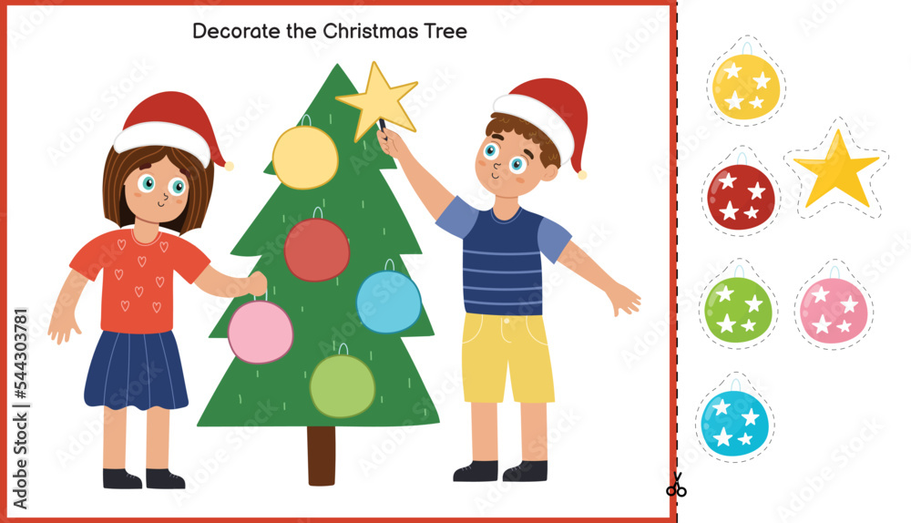 Decorate the Christmas tree cut and glue activity page for kids. Cut ...