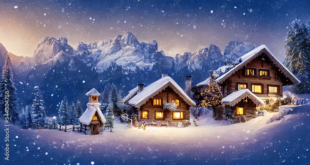 Snow-covered landscape with chalet houses, in the foothills of the Alps ...