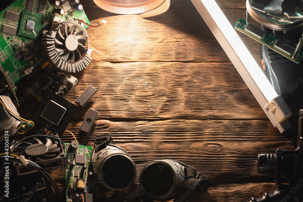 Cyberpunk abstract background. Various computer part, weapon and other ...