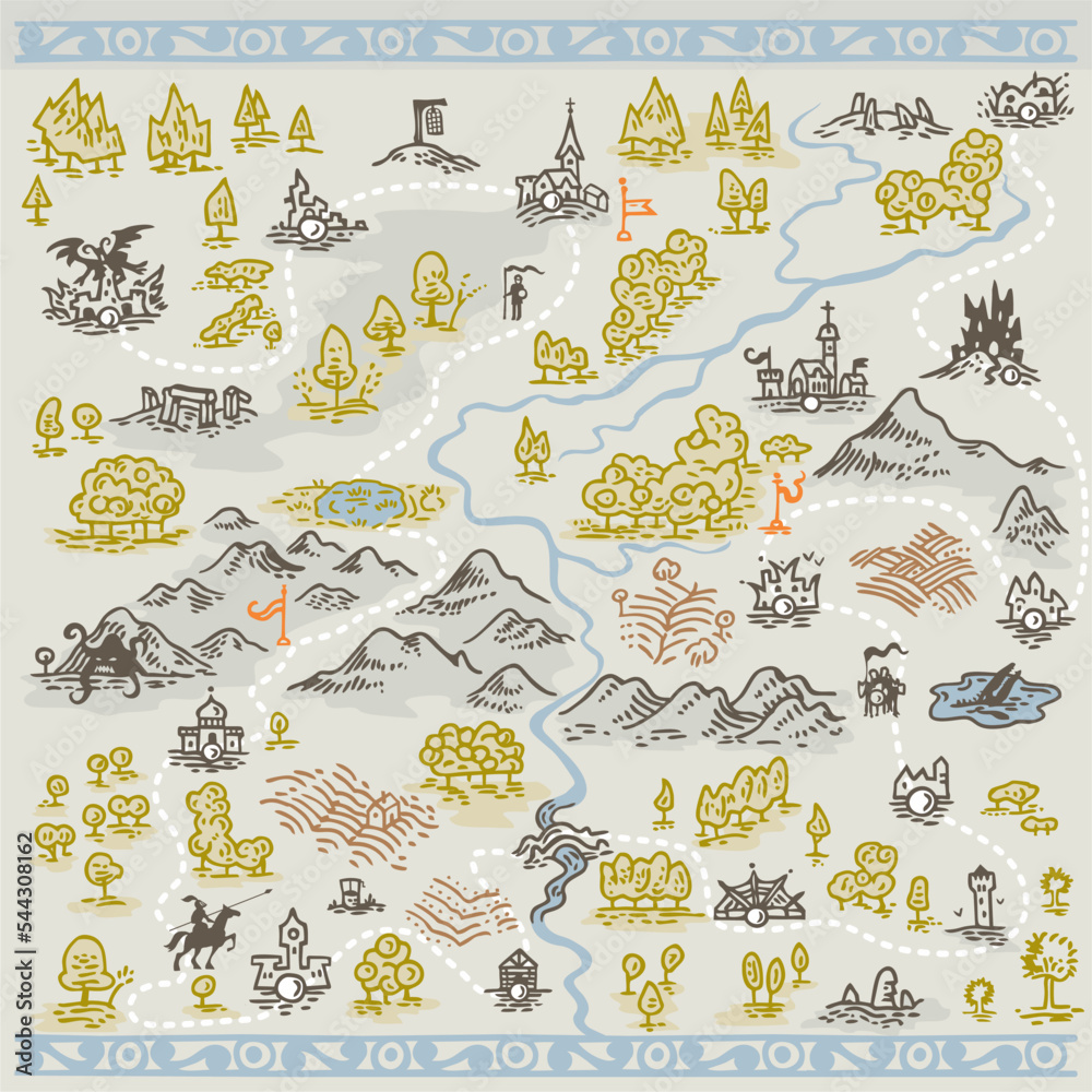 Hand draw illustrations for fantasy map in medieval engraving style ...