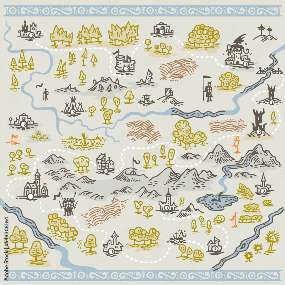 Hand draw illustrations for fantasy map in medieval engraving style ...