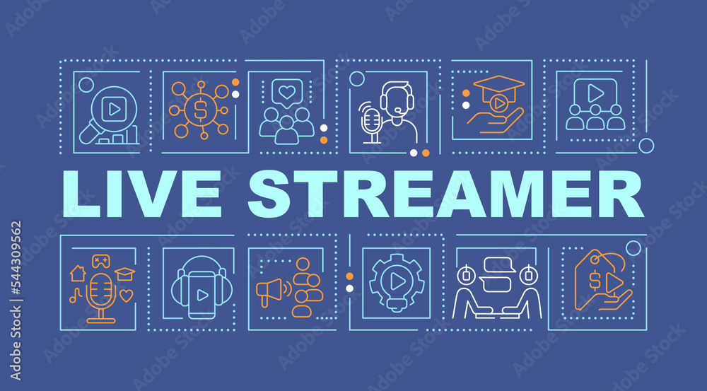 Live streamer word concepts dark blue banner. Real time broadcast ...