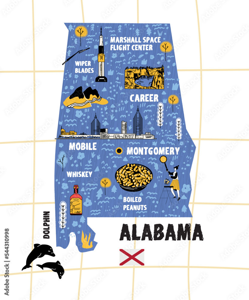 Alabama USA map flat hand drawn vector illustration. Names lettering ...