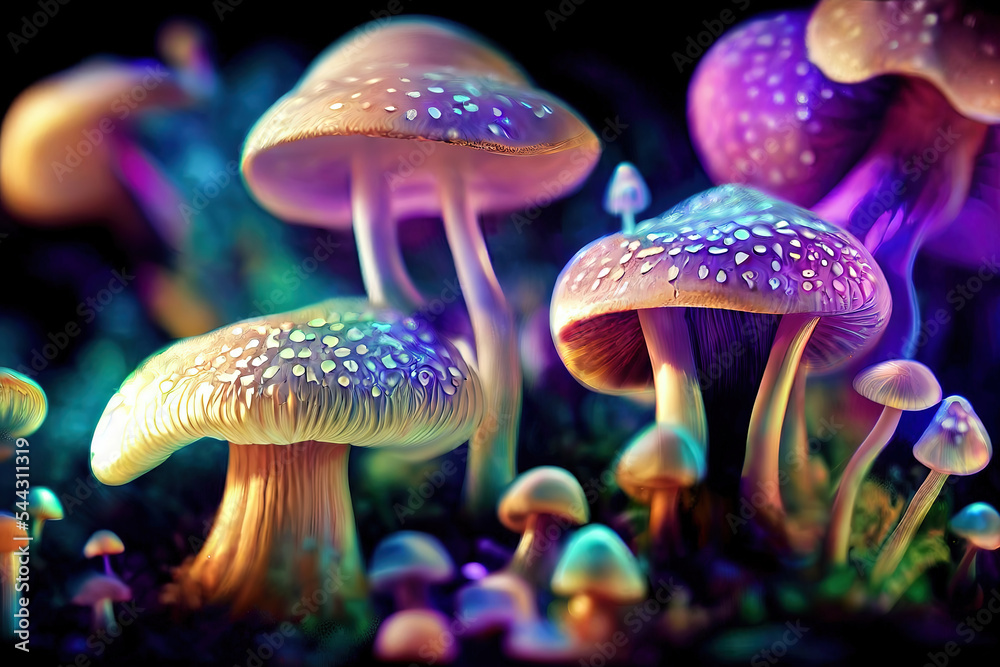 Bioluminescent Mushrooms on forest fauna. Glowing magic dmt shrooms ...