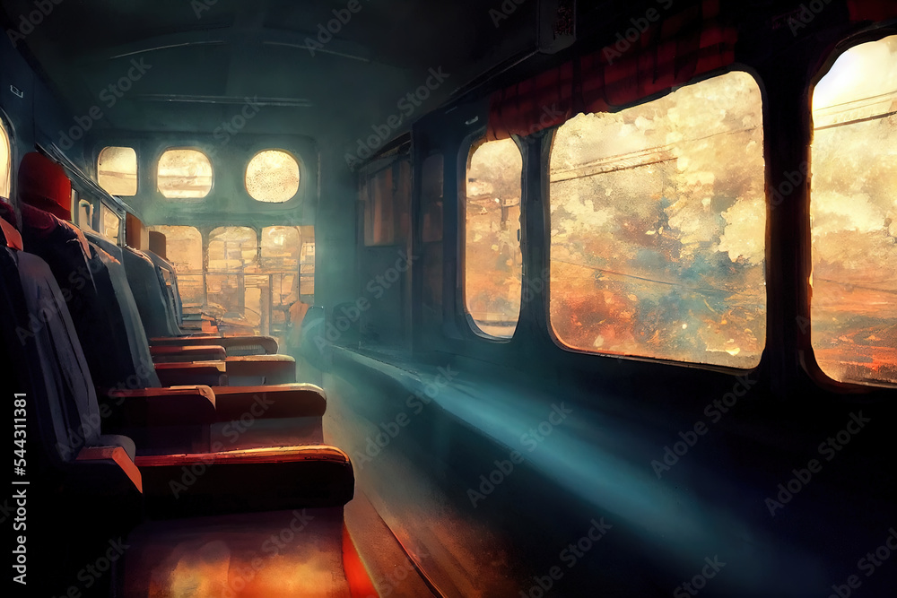 Watercolour illustration of an empty private carriage on a train with ...