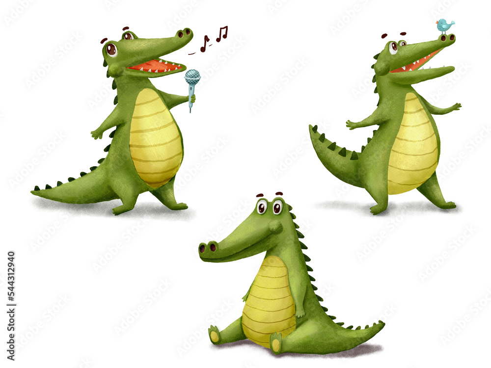 Cute Crocodile with microphone sing. Funny Alligator with bird isolated ...