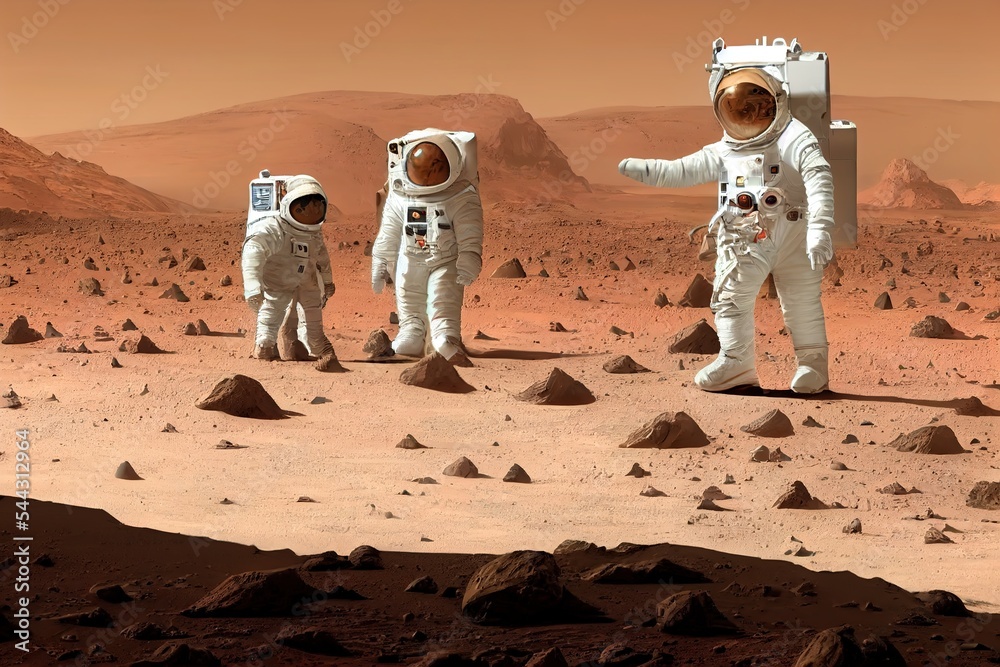 Humans on the planet Mars. Astronaut on Mars shows a thumbs up ...