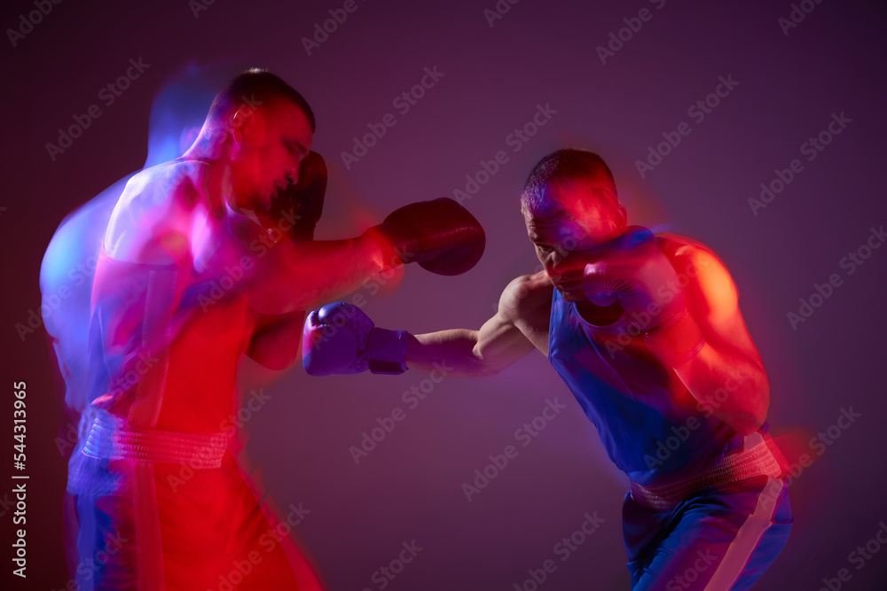 Unfocused effect portrait of two professional boxers boxing isolated on ...