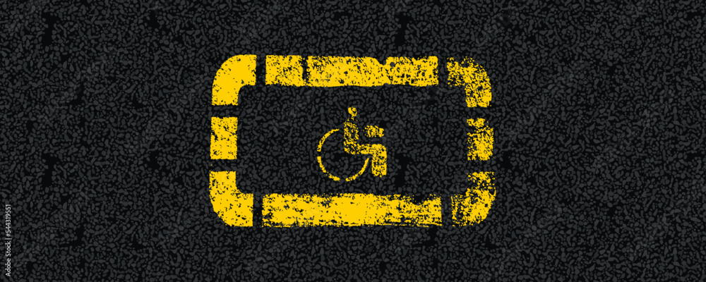 Yellow signs handicapped spot on tarmac road top view. Disabled parking ...