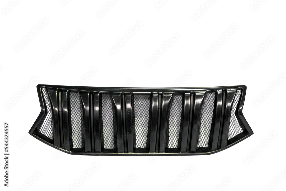 Black car radiator grill with vertical slots and mesh front view ...