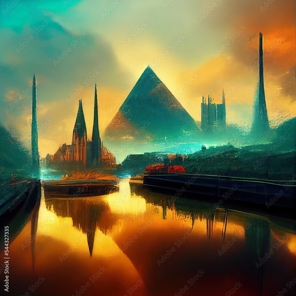 Vast Glass City Landscape The Canal Ancient Epic Pyramids Cyberpunk ...
