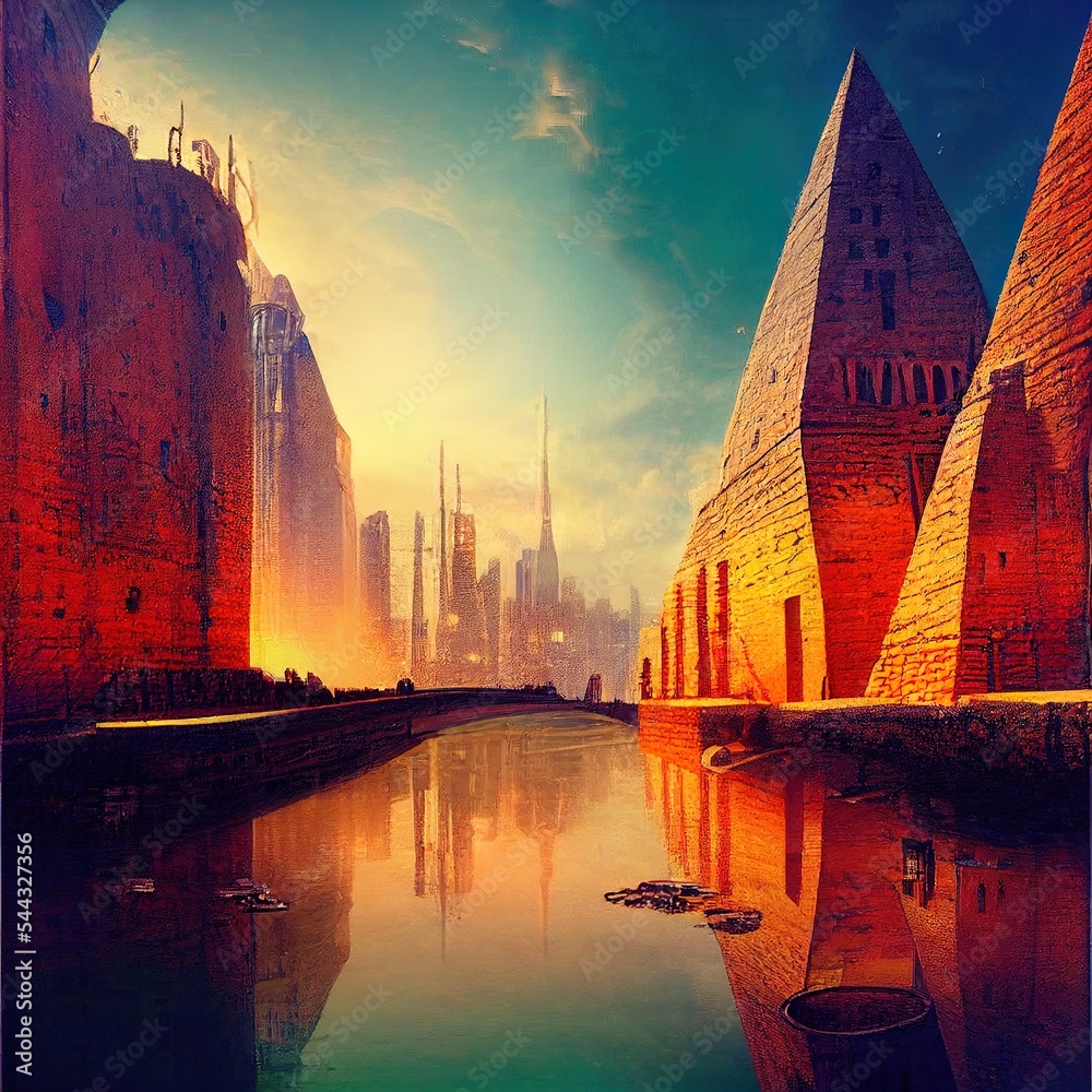 Vast Glass City Landscape The Canal Ancient Epic Pyramids Cyberpunk ...