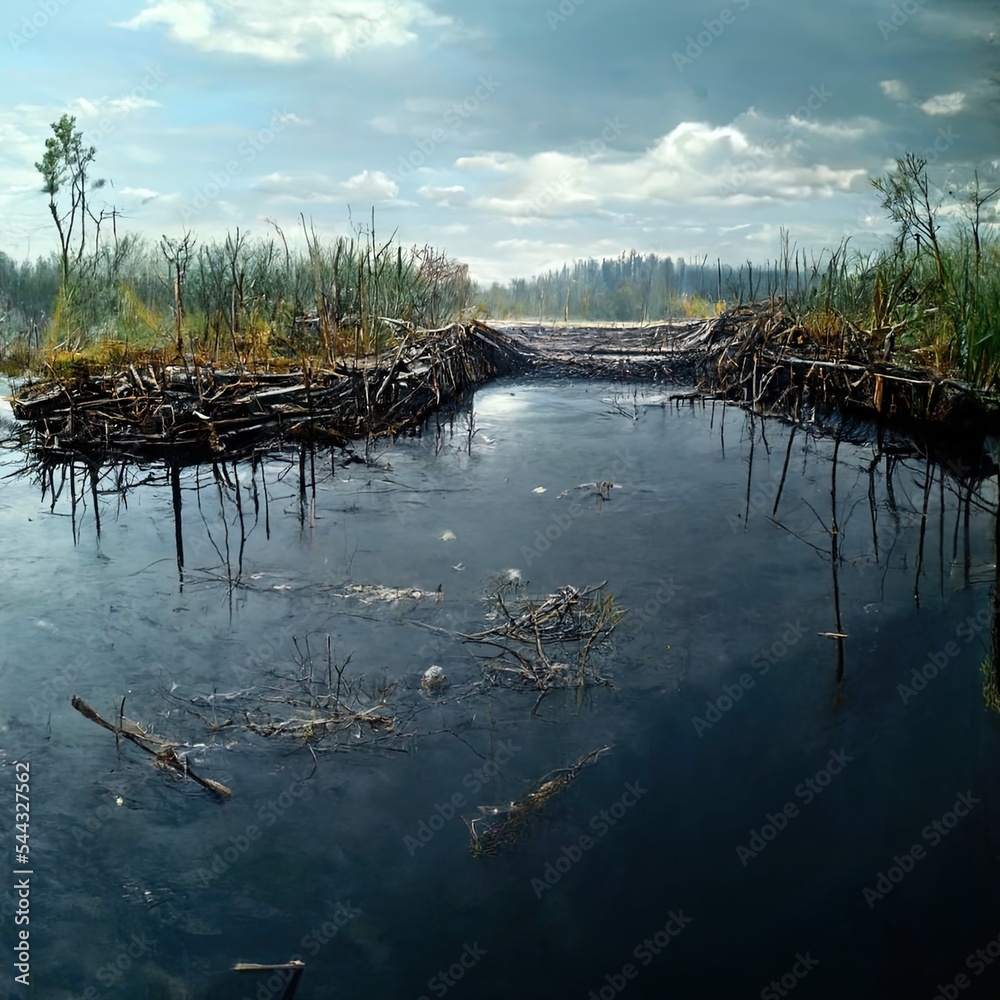 Swamp Lake with Wooden Dam Built by Beavers - Digital Art, 3D Render ...