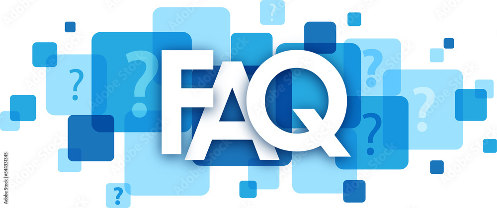 Poster FAQ typography banner with blue question marks on transparent ...