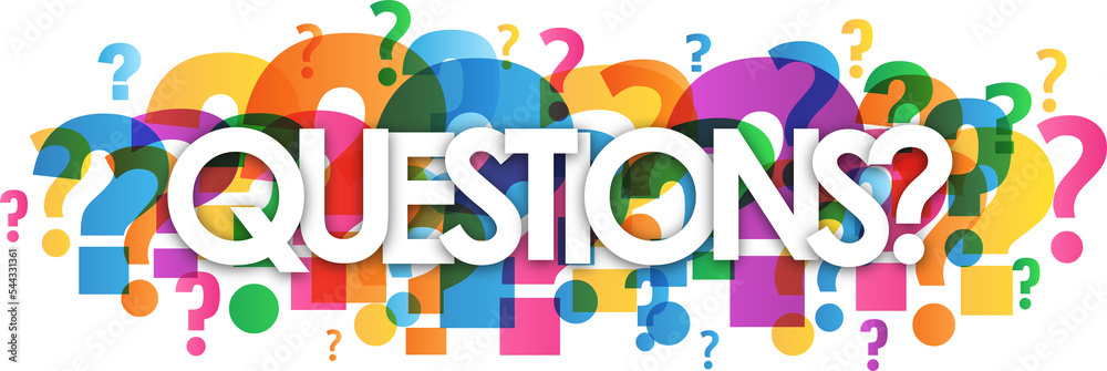 QUESTIONS? typography banner with colorful question marks on ...