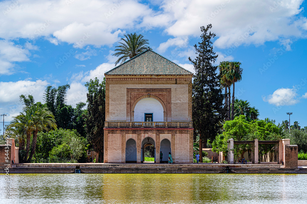 Poster Arab building of the Menara Gardens that are located west of Marrakech (Morocco), at the ...