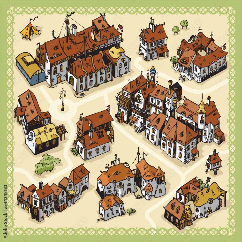 Poster Hand drawn buildings and landmarks for fantasy city map ...