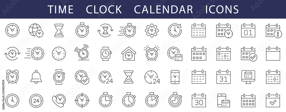 Time thin line icons set. Time, Clock and Calendar editable stroke ...