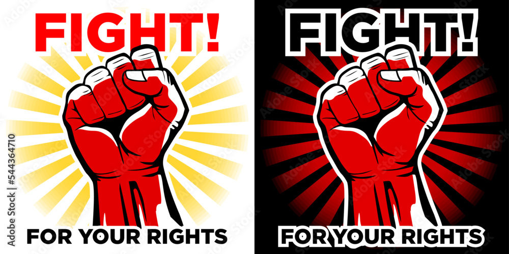 Vetor de Silhouette of raised clenched protest fist against backdrop of ...