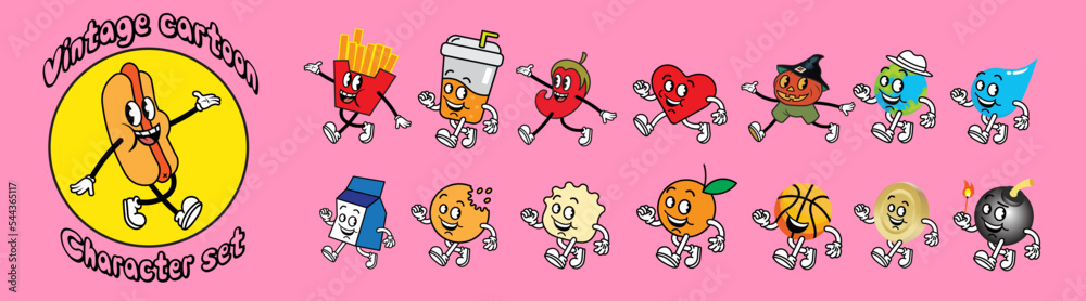 Vintage cartoon cartoon characters set, flat vector illustration. Stock ...