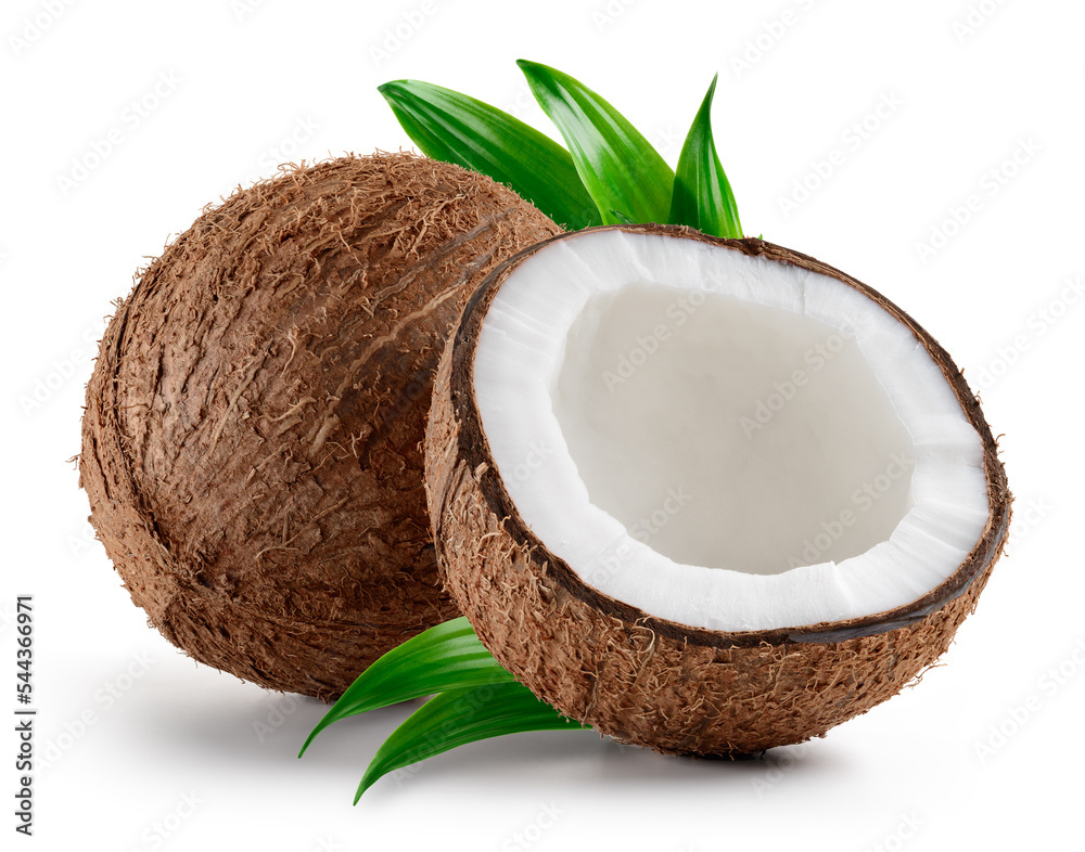 Coconut isolated. Coconuts with leaves on white background. Coconut ...
