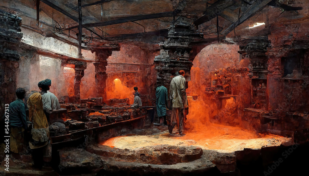 Ai Generated Image Of An Ancient Indian Foundry Liquid Iron Molten Metal Pouring In Container