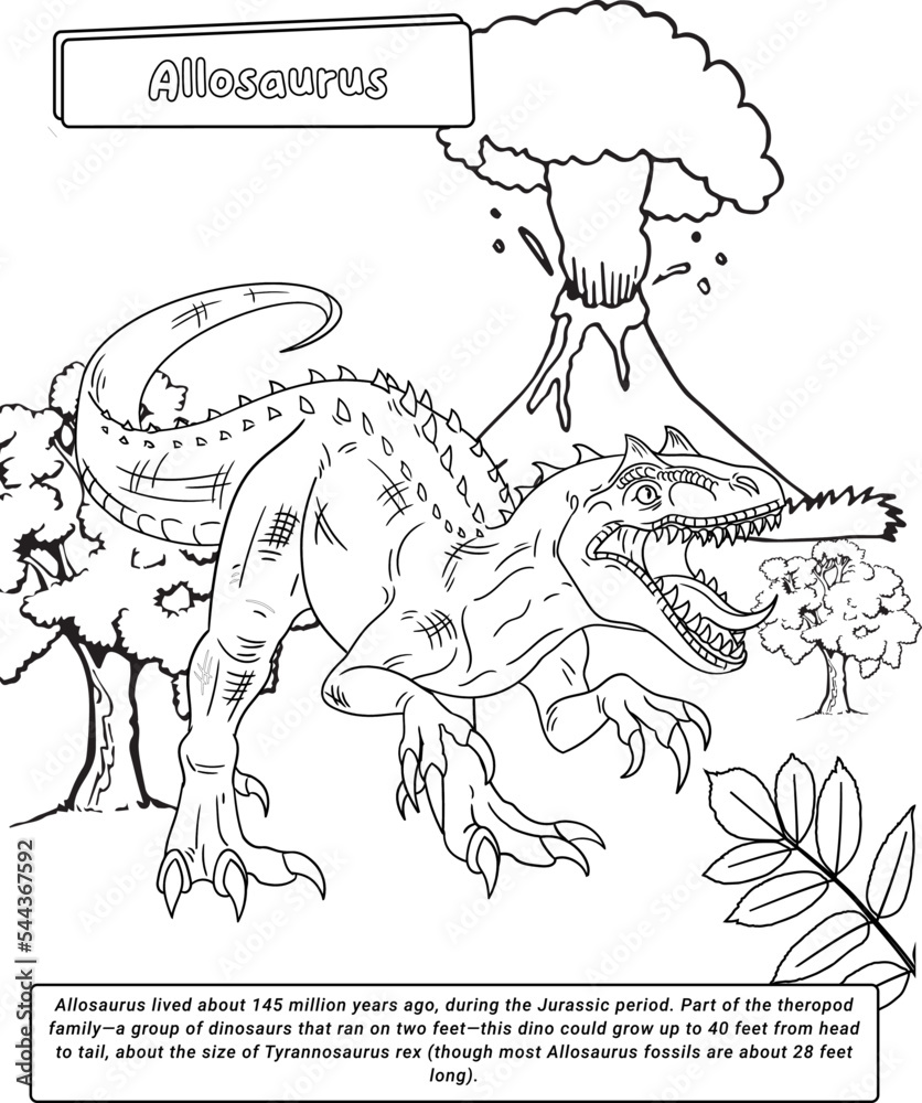 Allosaurus Dinosaur Coloring Page for kids Stock Vector | Adobe Stock