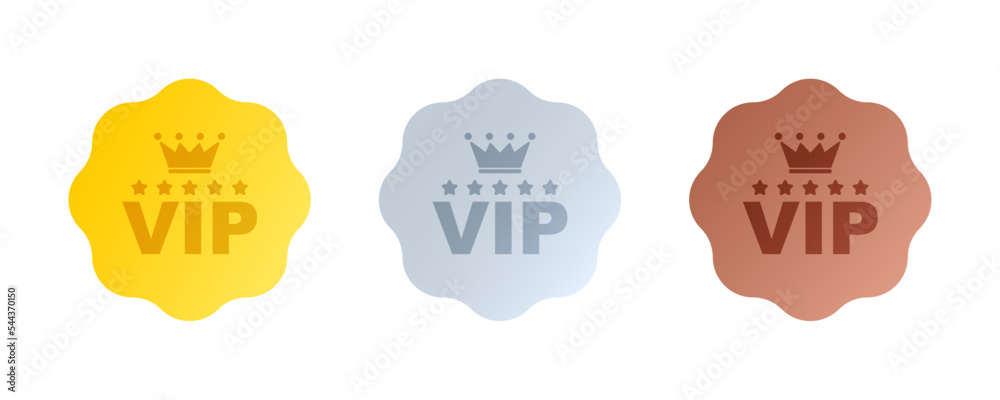 Vip label, badge or tag. Vip icons with crown and stars. Round label ...