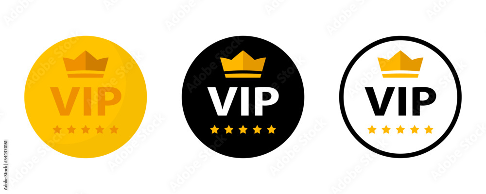 Vip label, badge or tag. Vip icons with crown and stars. Round label ...