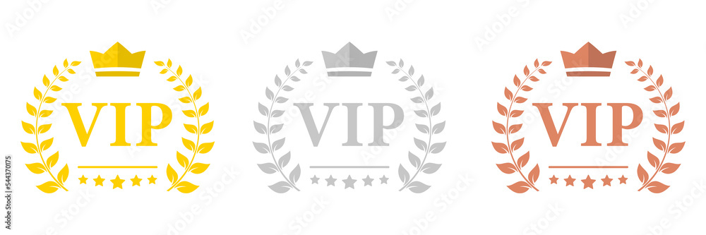 Vip label, badge or tag. Vip icons with crown and stars. Round label ...