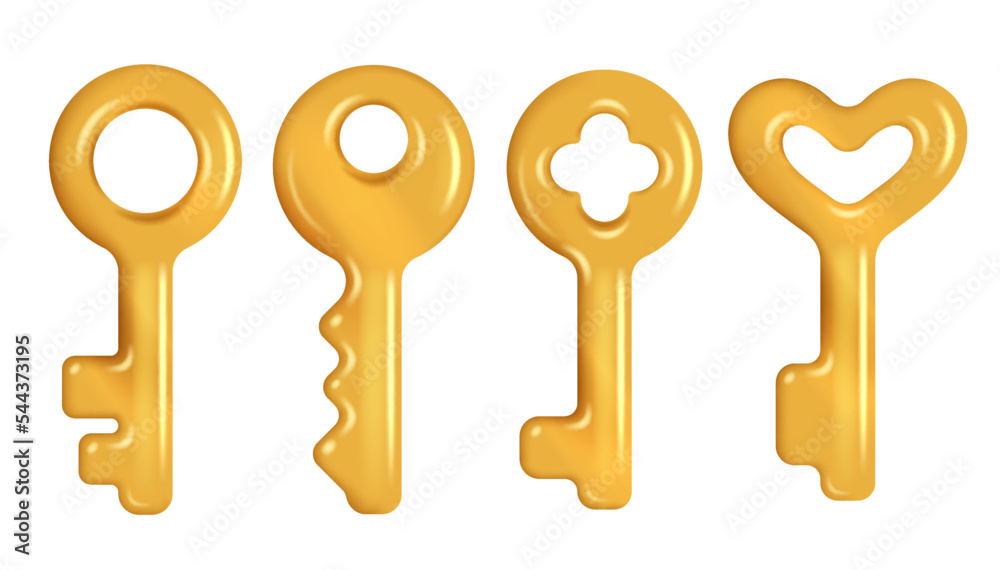 Golden keys on white background. 3d realistic vector collection of ...